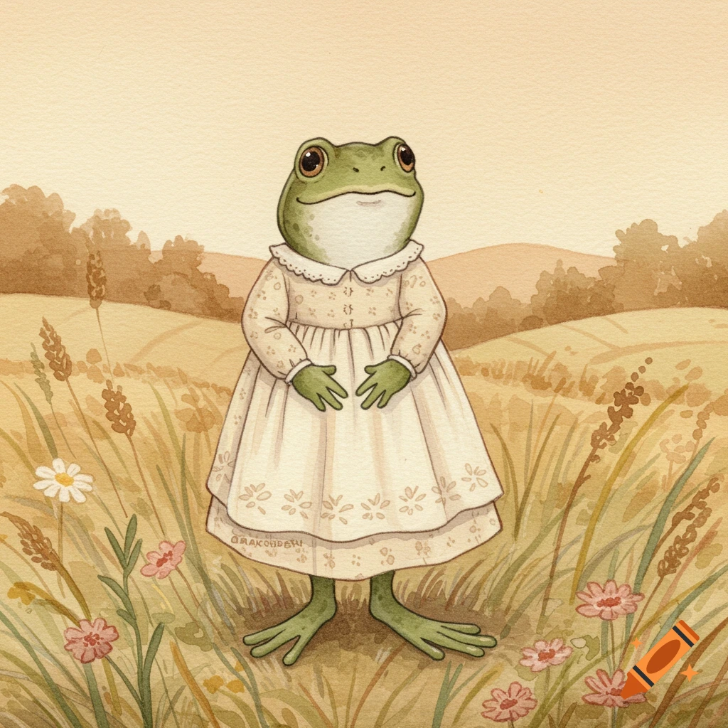 A green frog wearing a cream cottagecore dress stands in a field with ...
