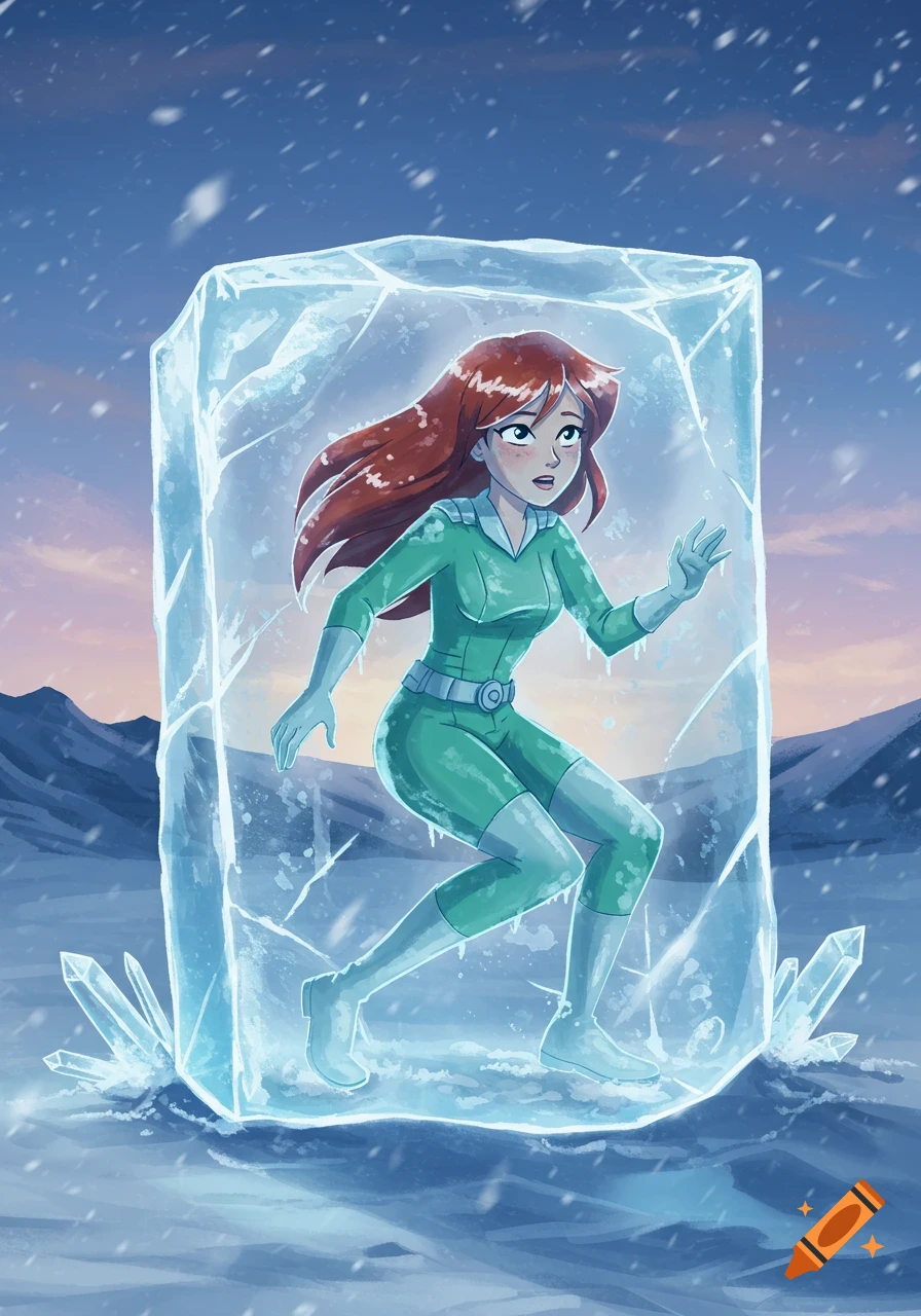 Aisha from Winx Club in a green bikini, jumping inside a large ice cube ...