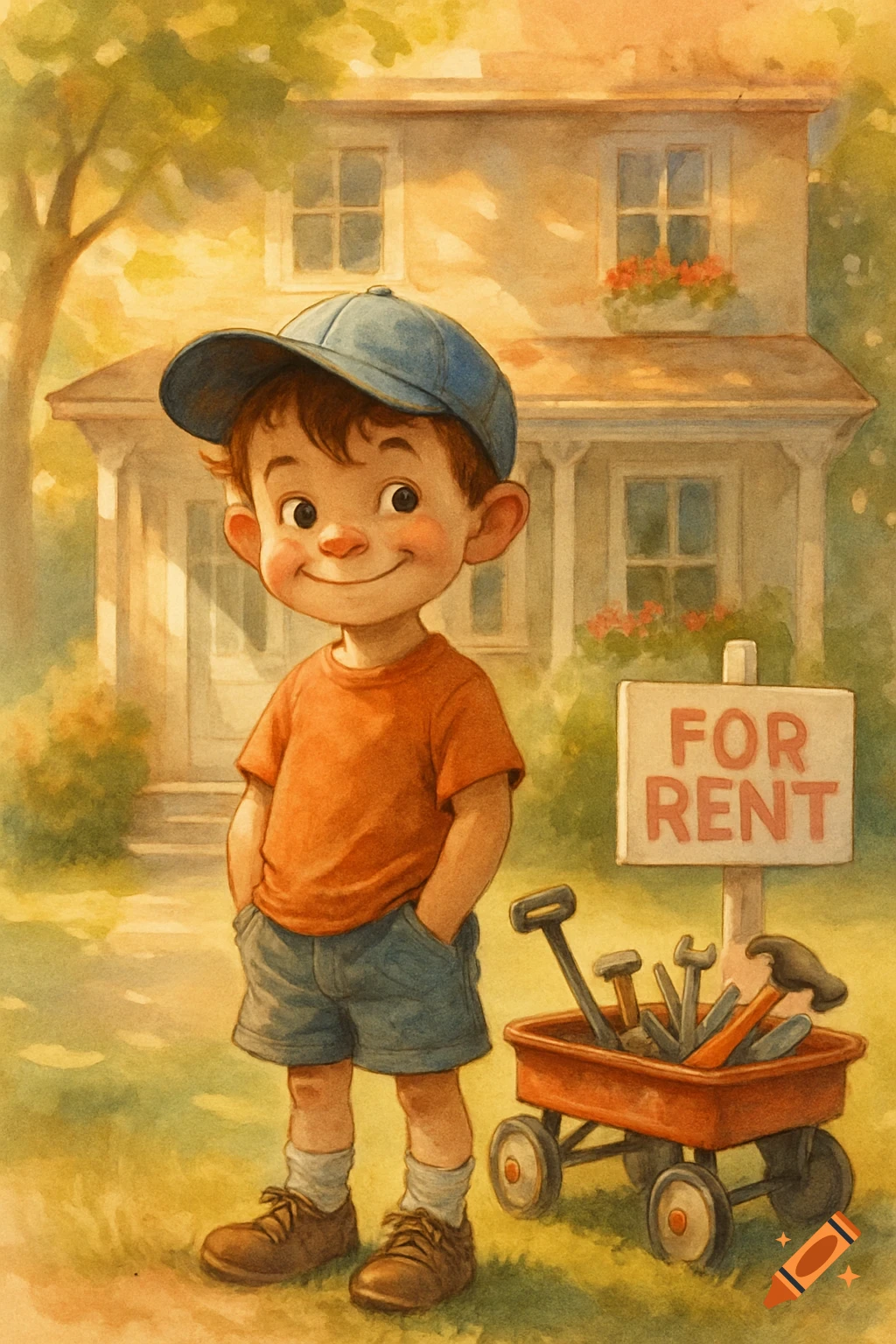 A smiling cartoon boy in a blue cap stands in front of a house with a ...