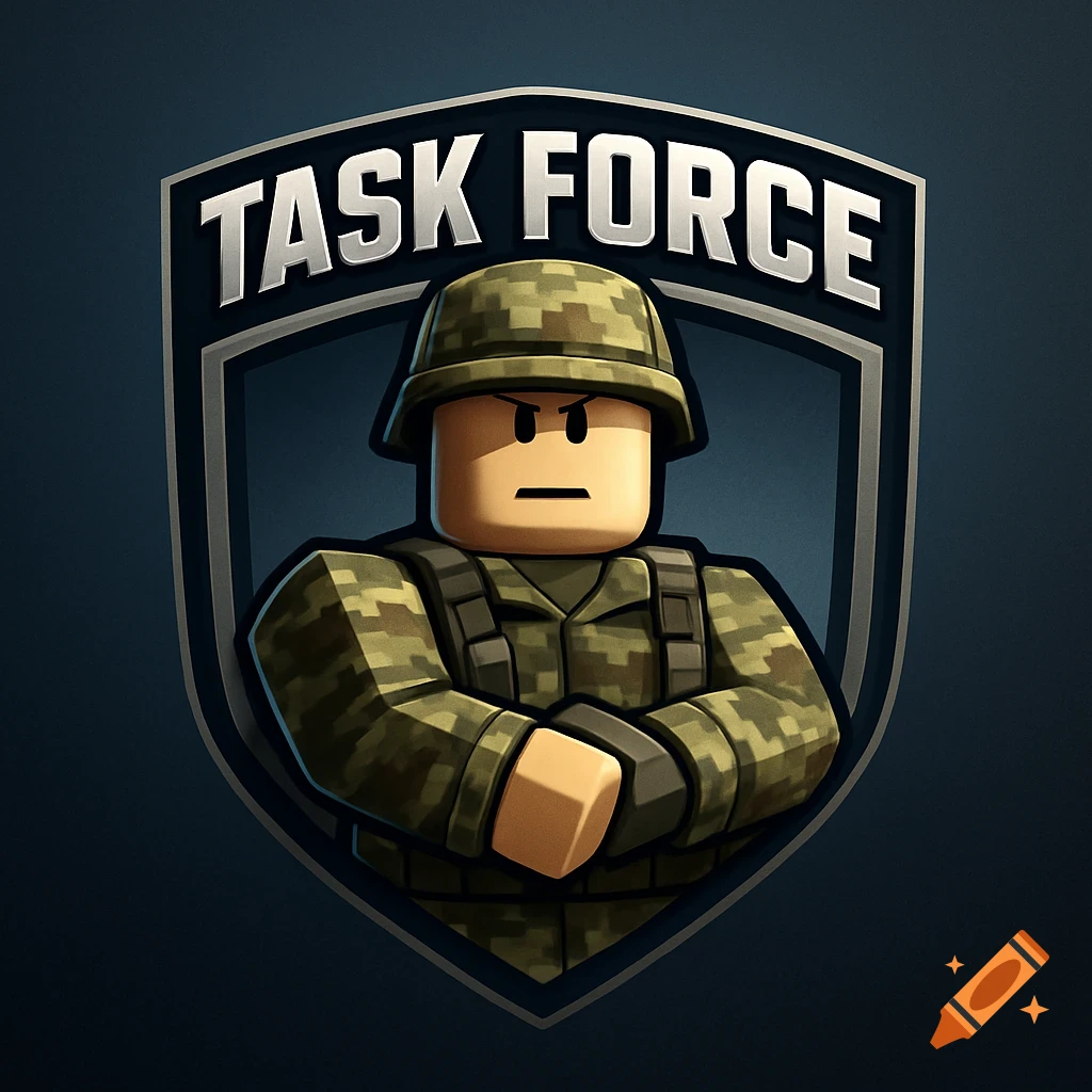A Roblox-style military logo featuring a blocky soldier character in ...