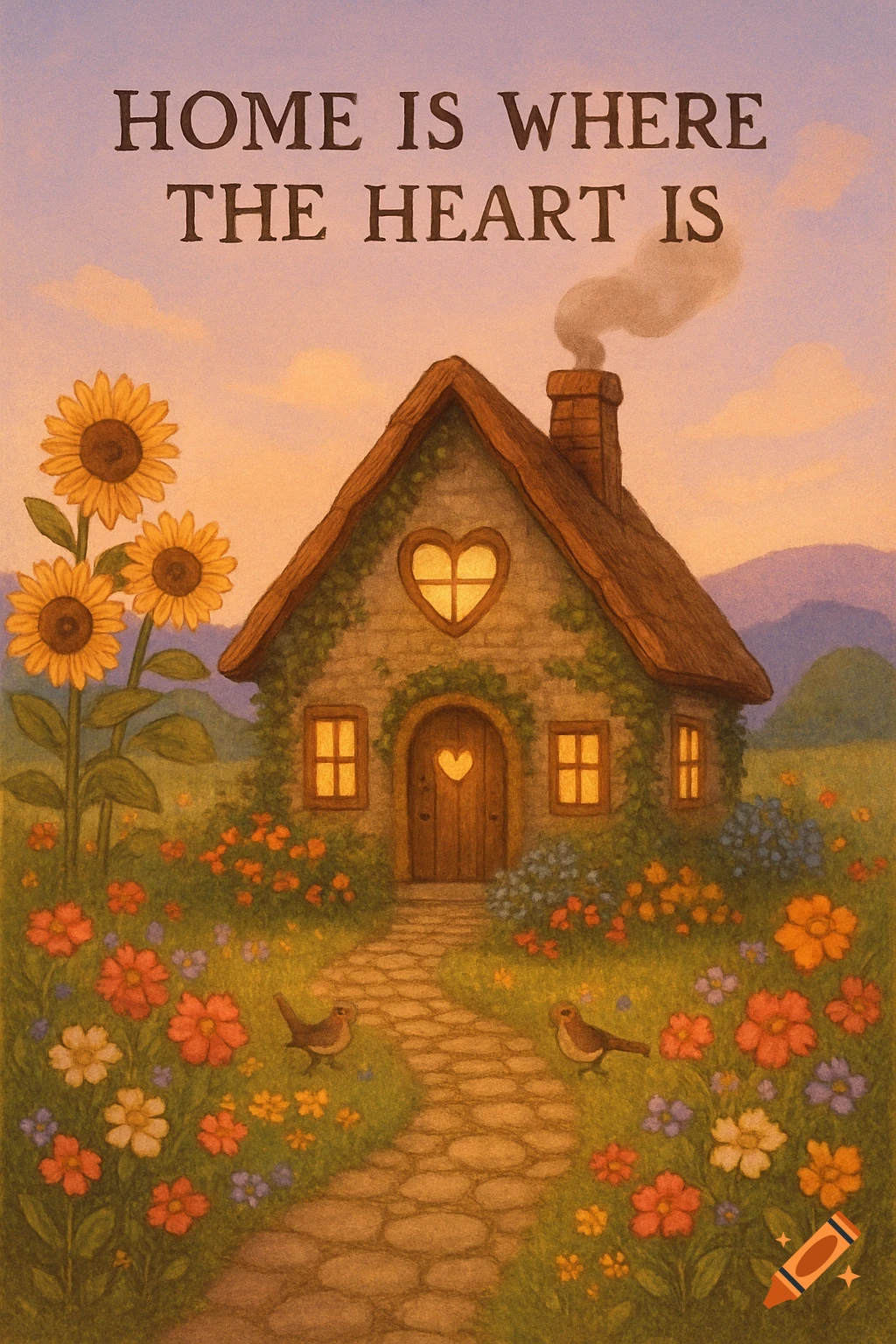 A cozy cottage in a flower garden with sunflowers, a stone path, and ...
