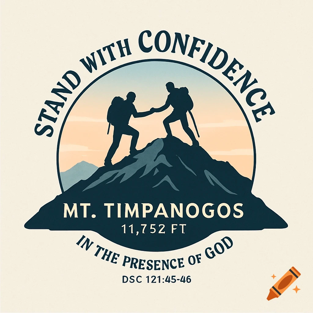 A vintage-style logo featuring two silhouetted hikers summiting a ...