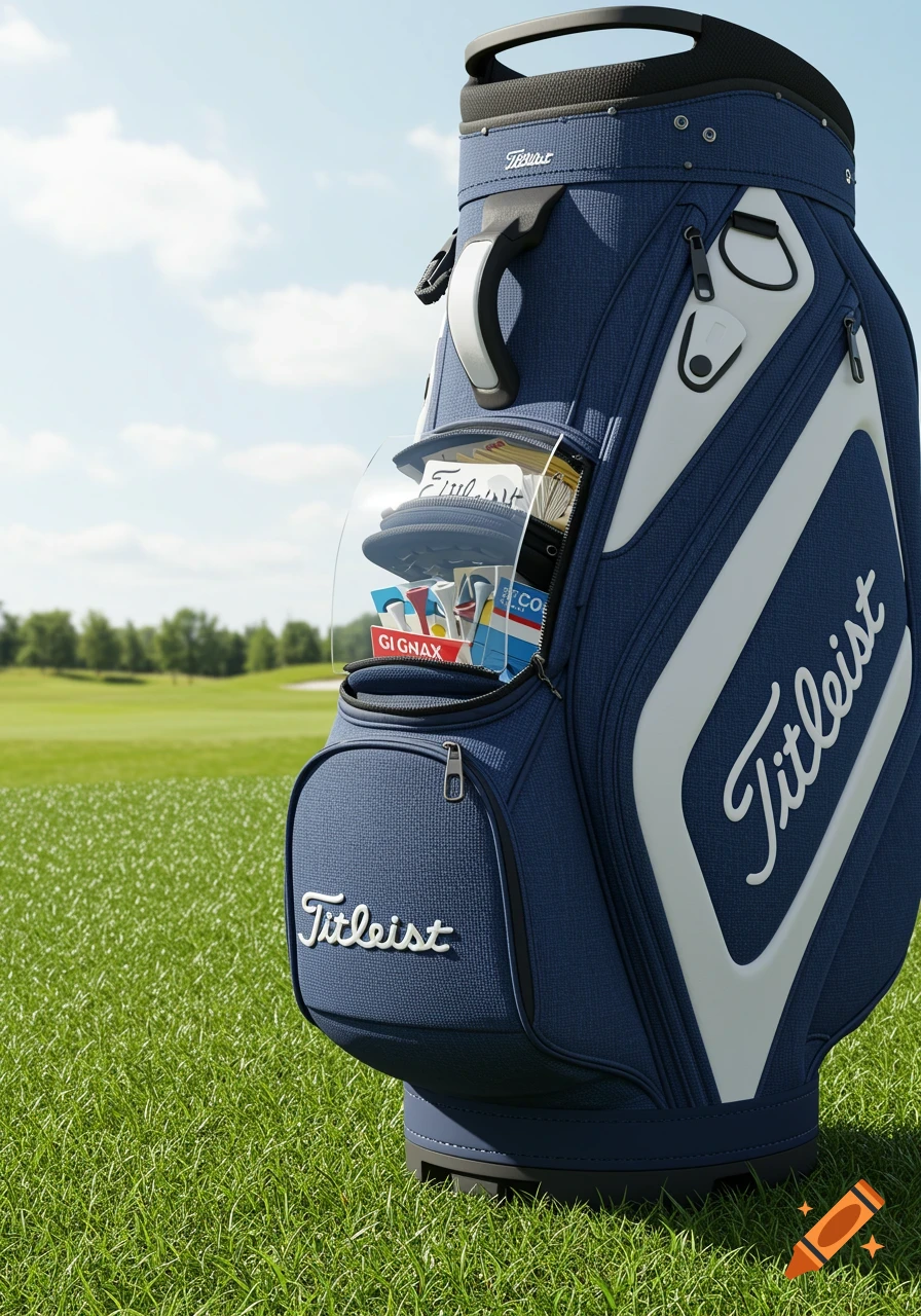 A blue and white Titleist golf bag stands on a green golf course, a ...