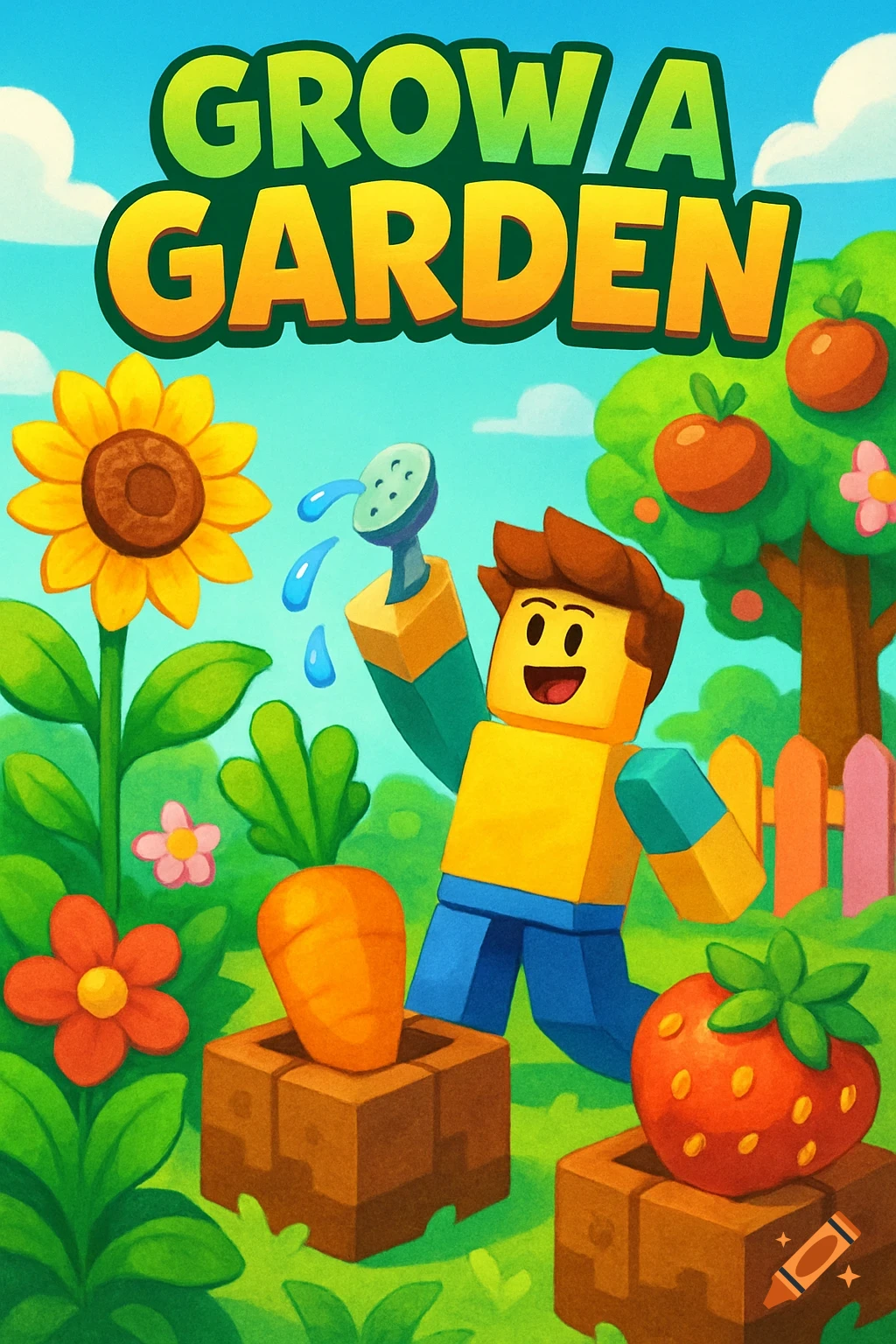 A colorful cartoon image of a blocky character with a watering can in a ...