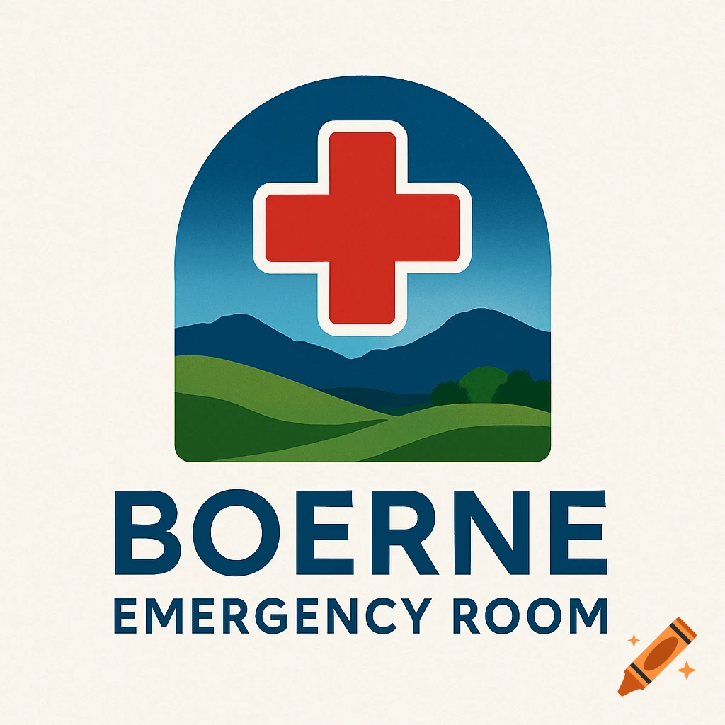 A logo for Boerne Emergency Room featuring a red cross over green hills ...