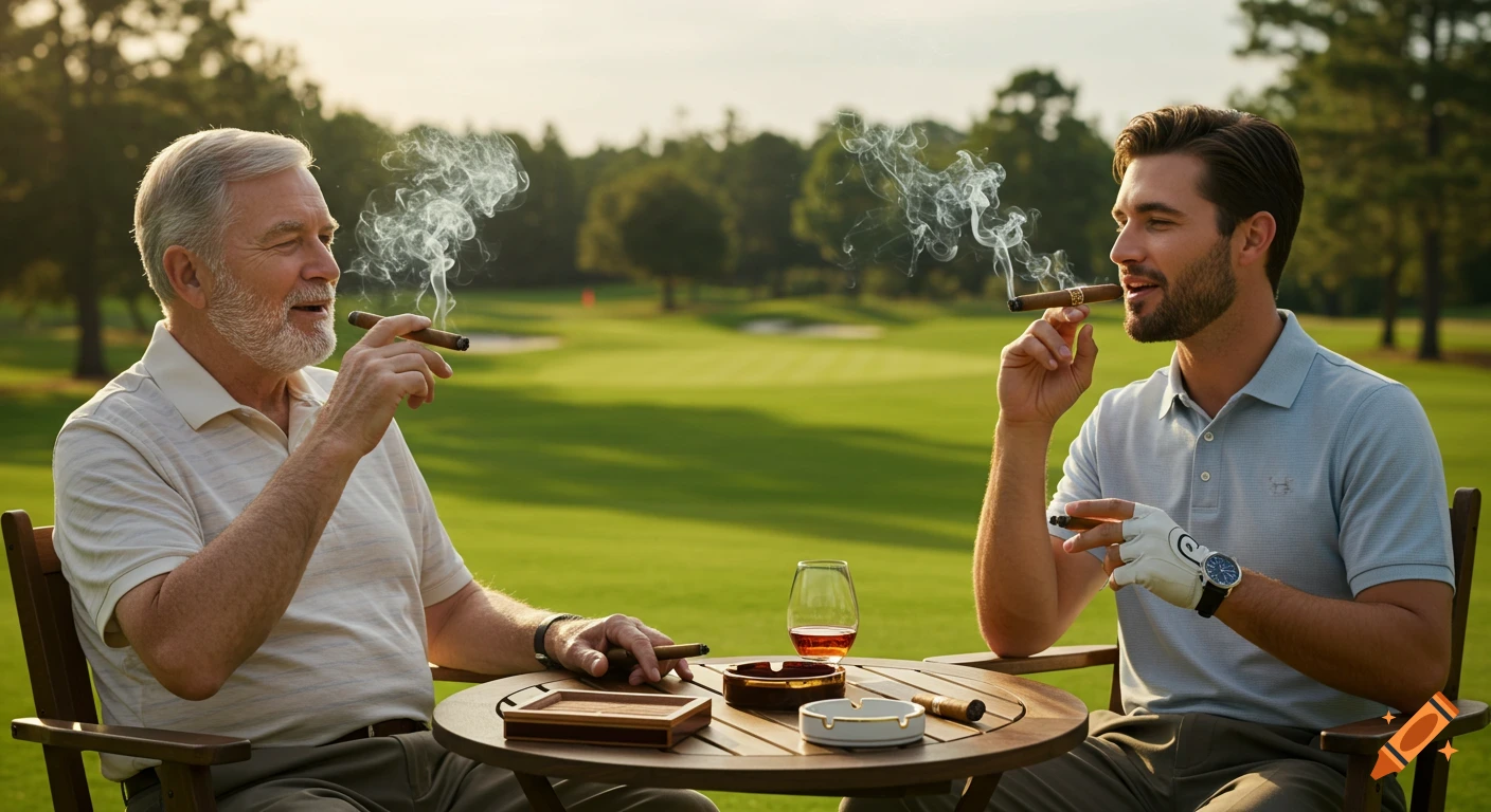 Two men, one older and one younger, enjoy cigars at a table on a sunny ...