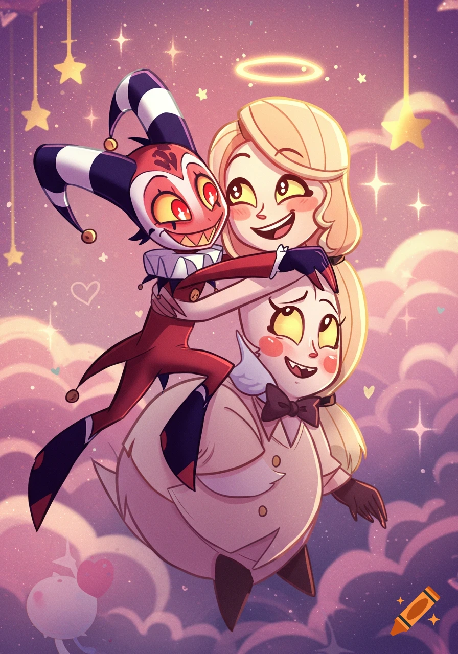 Cartoon characters Blitzo and Charlie Morningstar in a playful hug ...