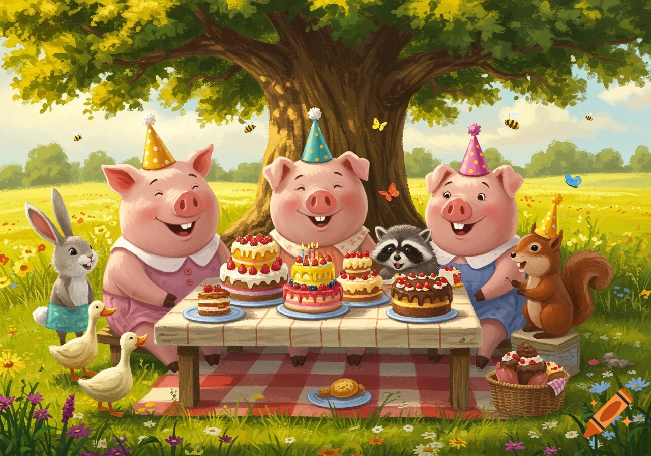 Numerous Peppa Pig-style characters celebrate joyfully amidst colorful ...