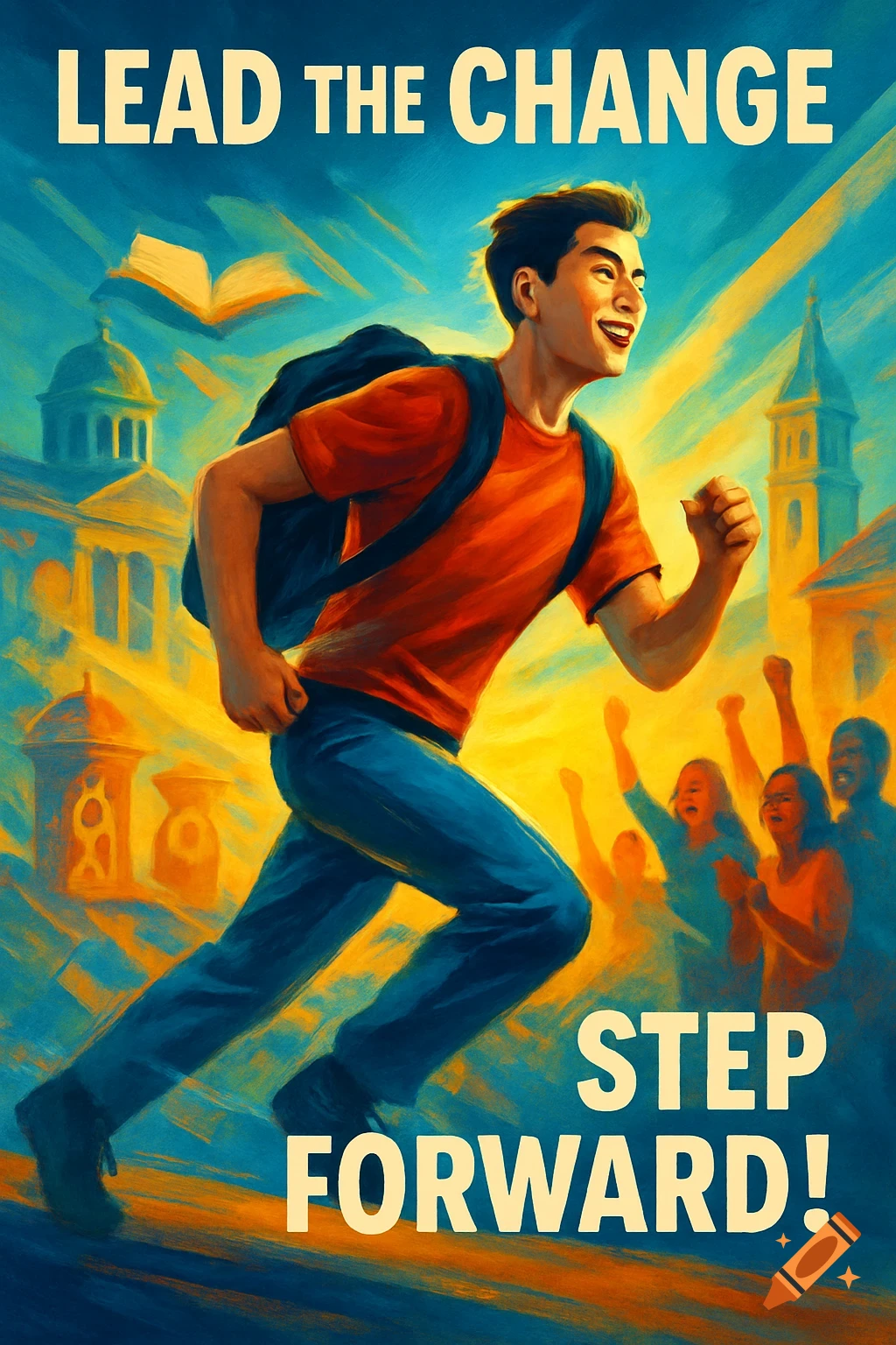 Vibrant illustration of a smiling student running, with university ...