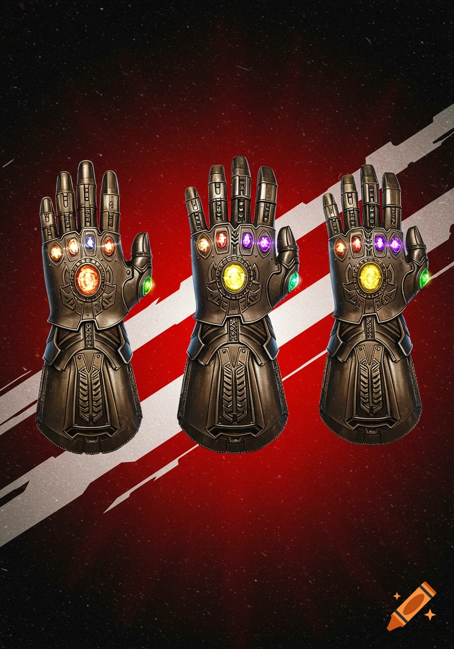 Three detailed bronze Infinity Gauntlets from Avengers, each with ...