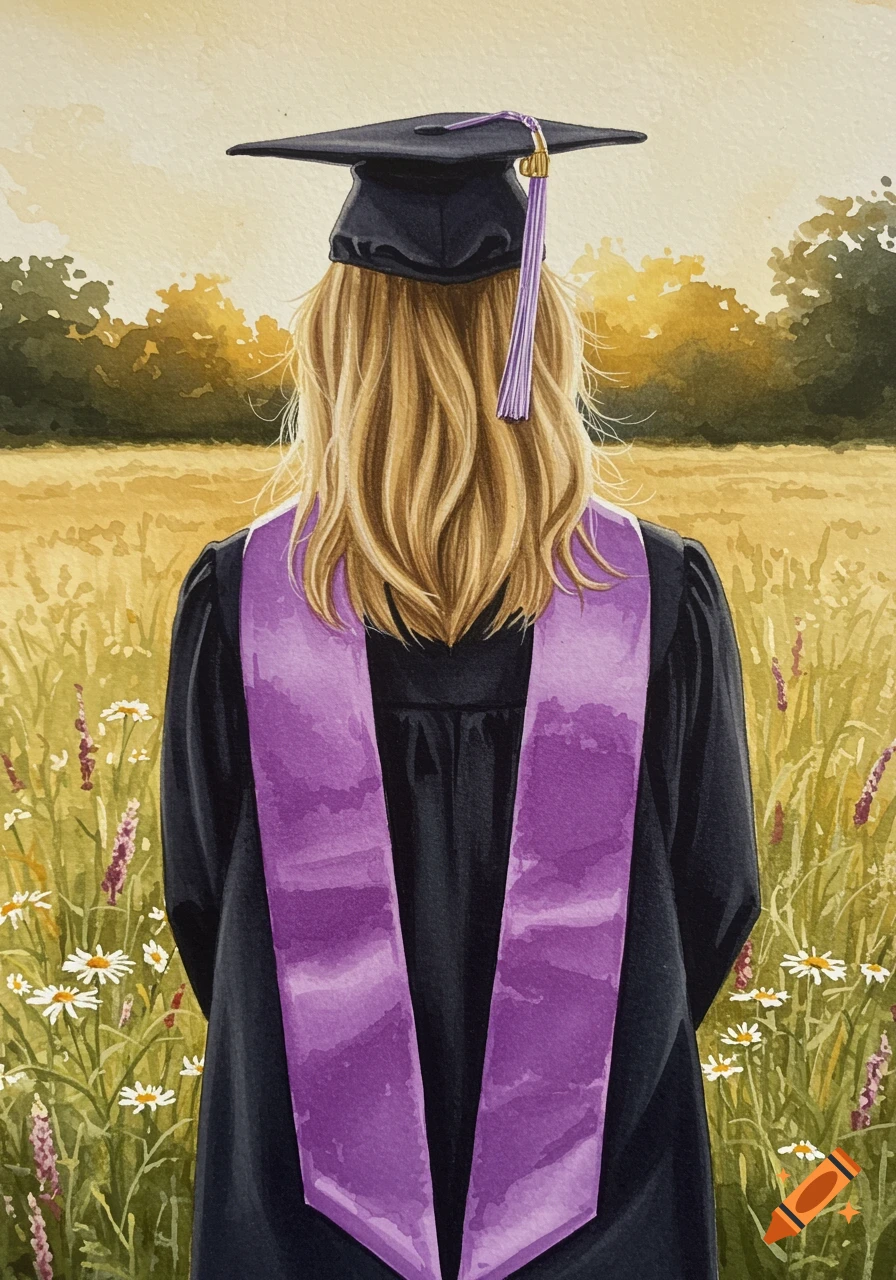 Watercolor painting of a blonde-haired graduate in a black gown and ...