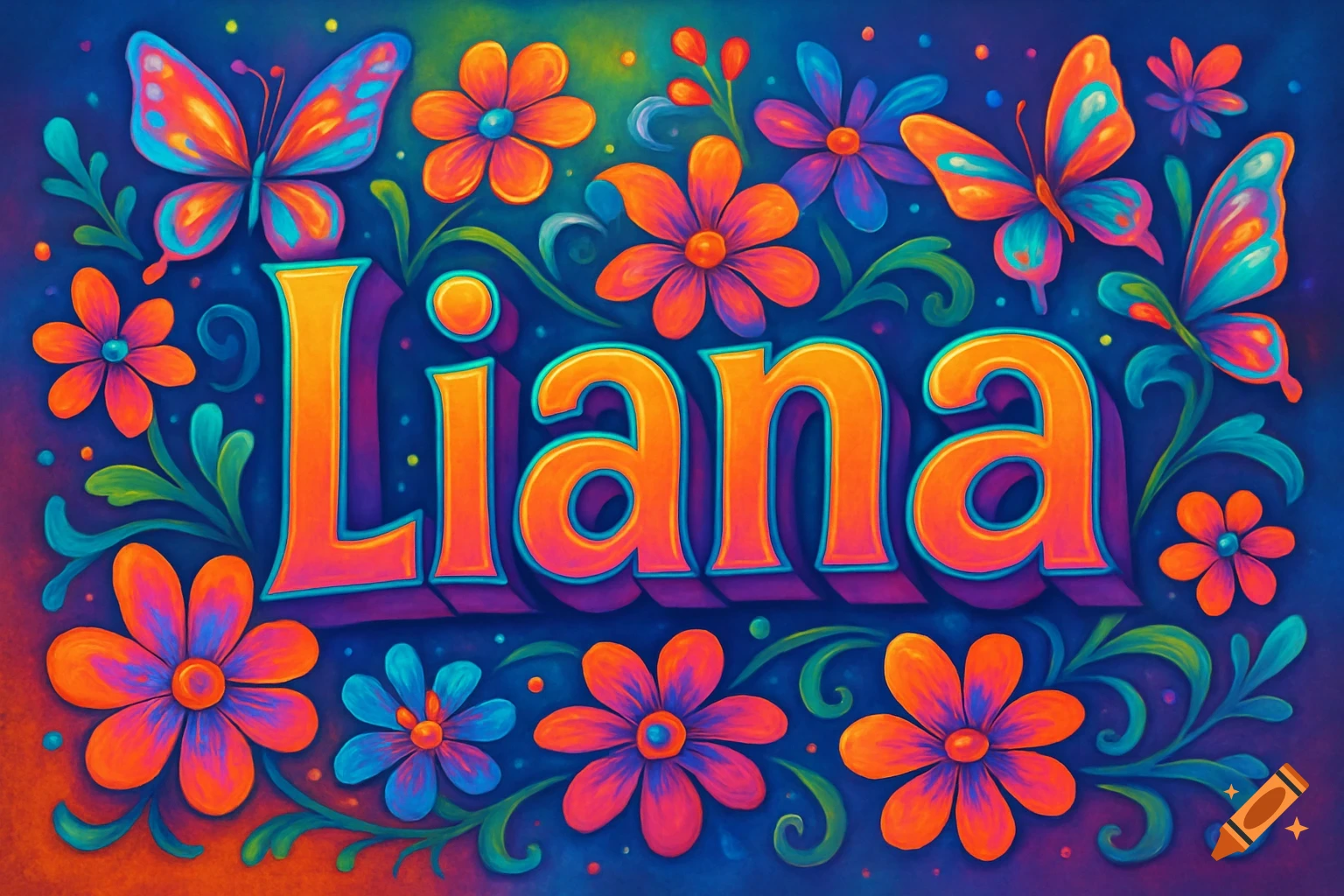 The name 'Liana' in vibrant orange 3D letters, surrounded by colorful ...