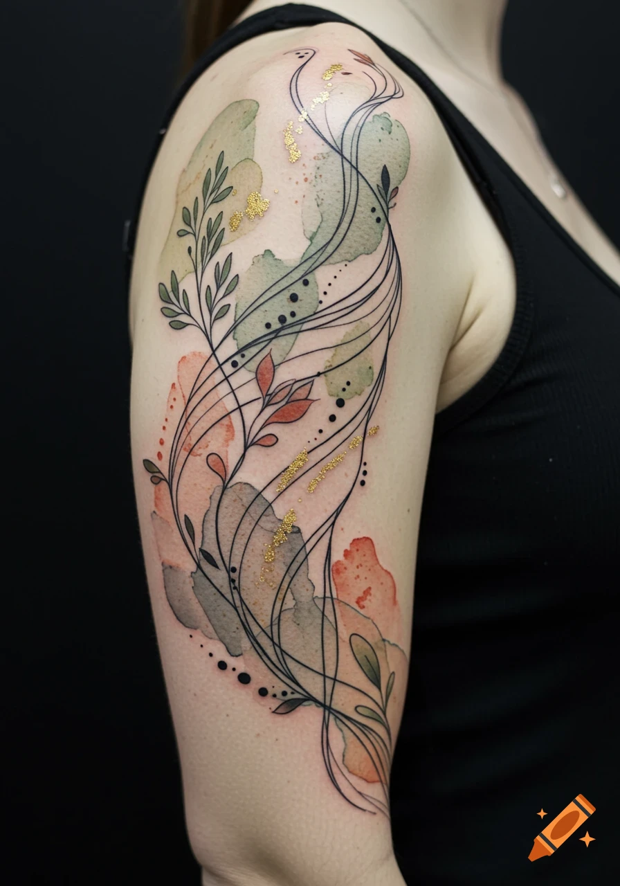 A colorful watercolor and line art tattoo of abstract botanical ...