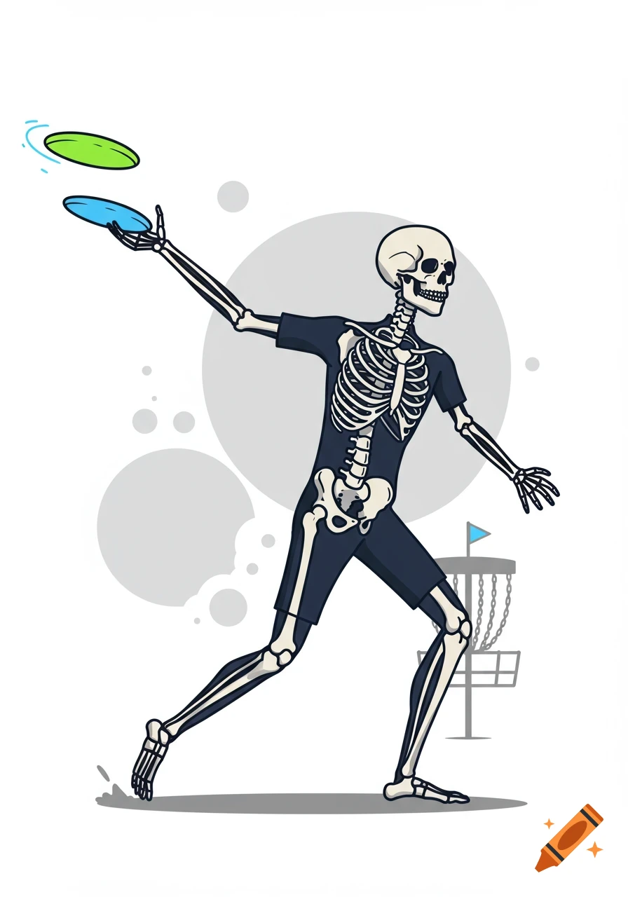 A cartoon skeleton in a dark uniform throwing a blue and green disc ...