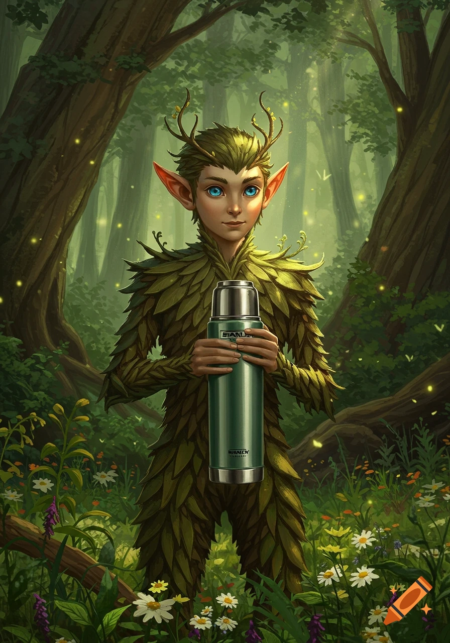 An elf-like creature with antlers and leafy clothing holds a green ...