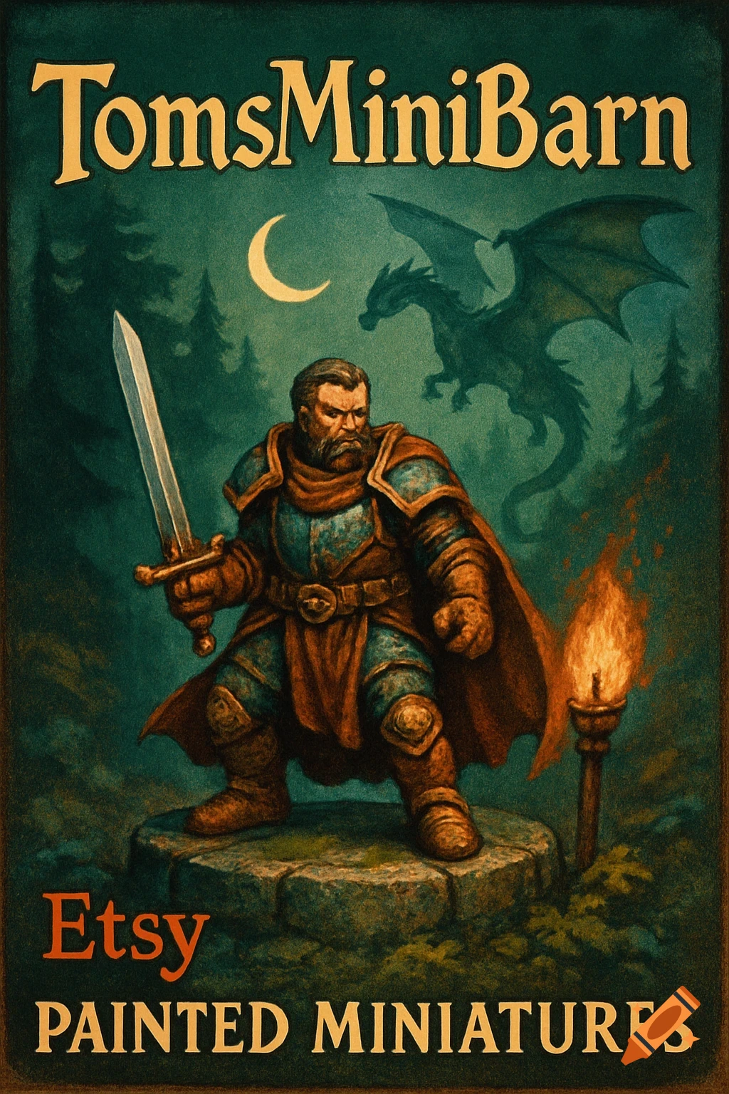 A medieval fantasy poster featuring a warrior, dragon, and moon, with ...