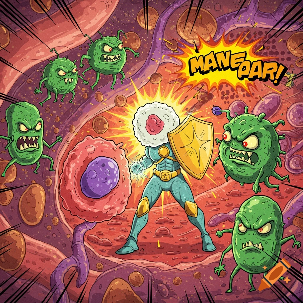 A comic book illustration of a white blood cell superhero battling ...
