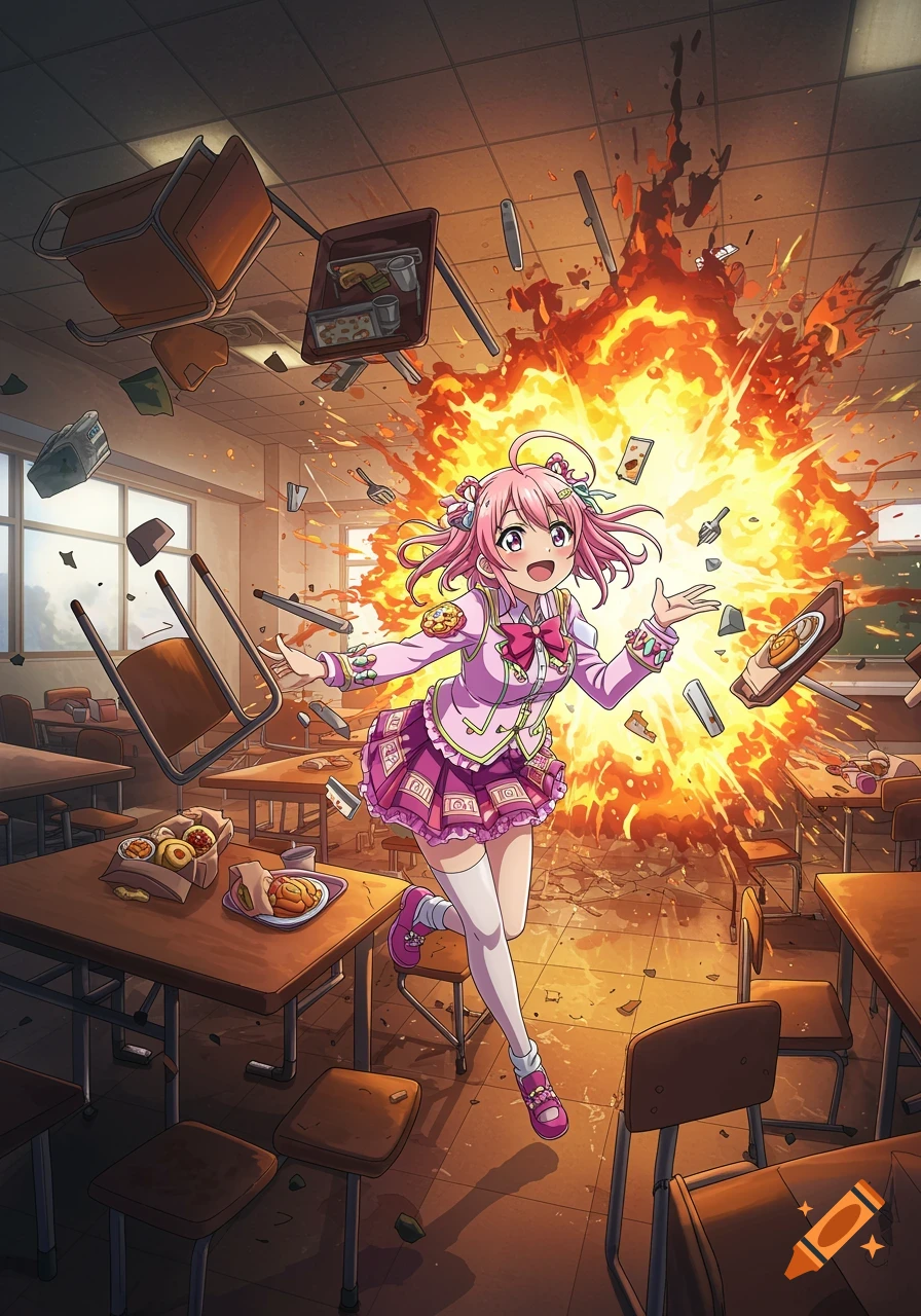 An excited pink-haired anime girl runs through a chaotic school ...