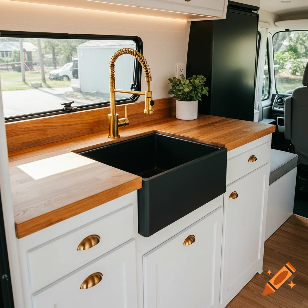 Photorealistic campervan kitchen with timber benchtops, white cupboards ...
