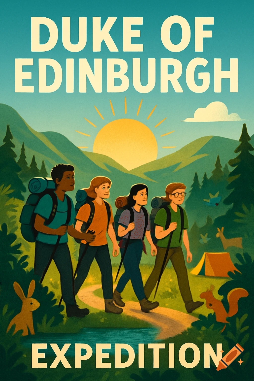 Colorful poster illustration of four diverse hikers on a path in ...