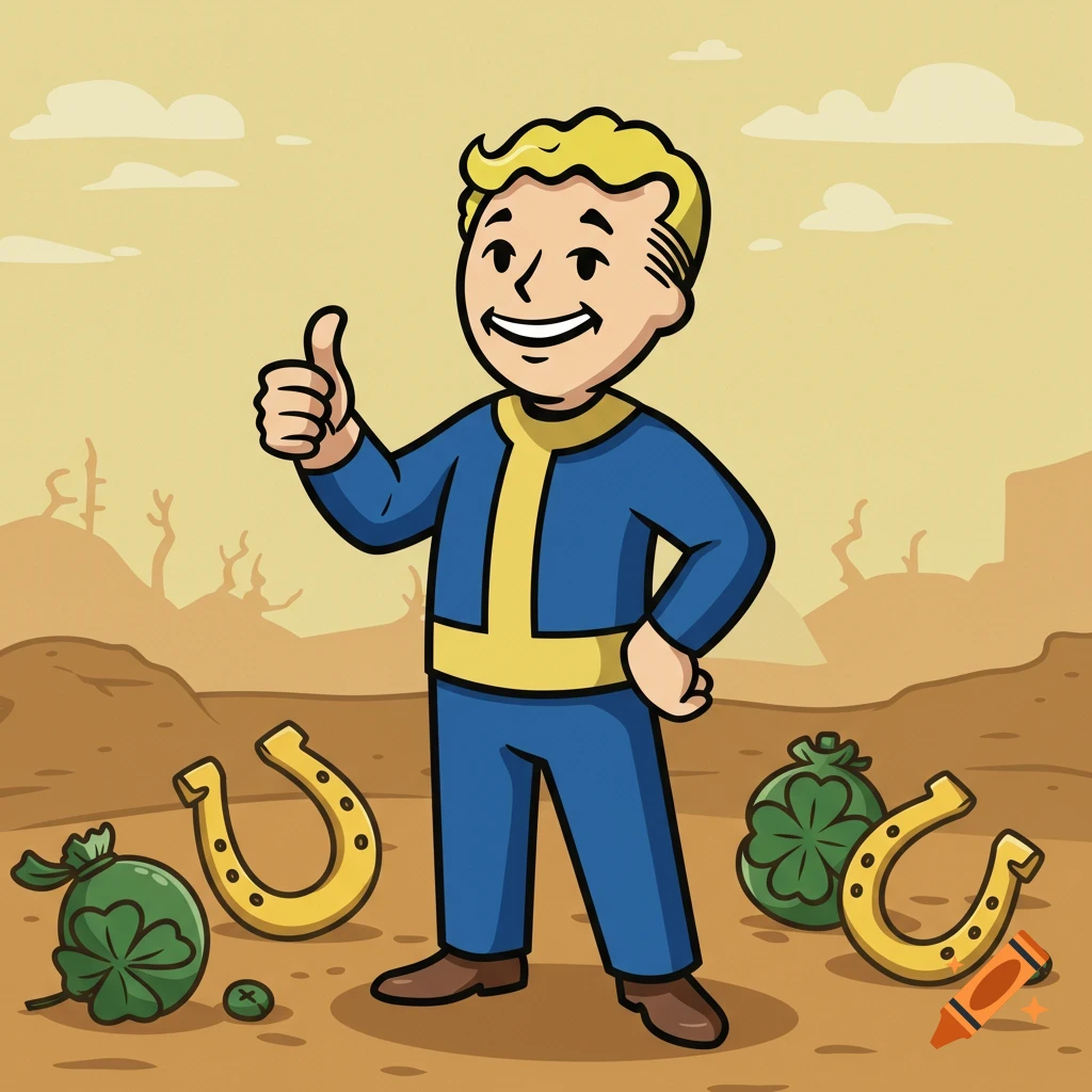 Vault Boy with dark eyes giving a thumbs up, surrounded by green ...