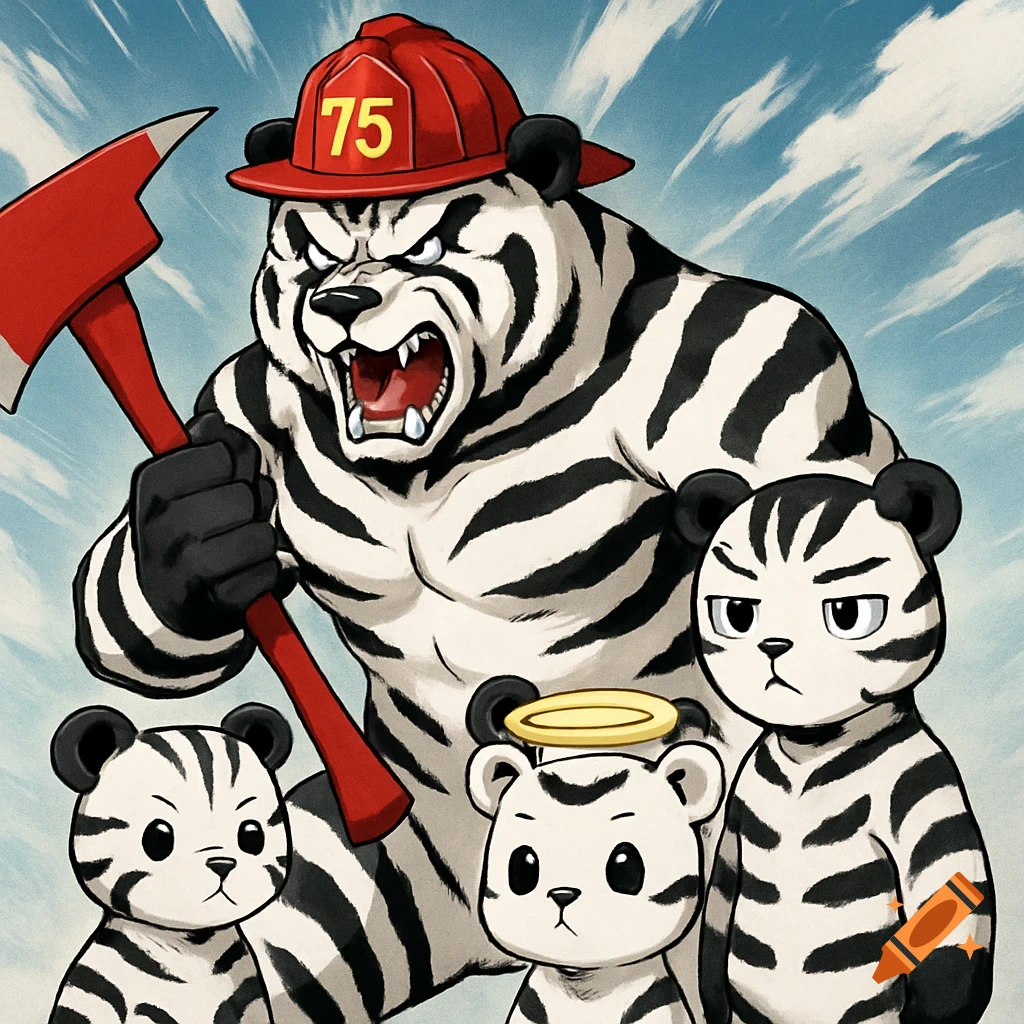 An anime-style, muscular, zebra-striped bear with a red firefighter ...