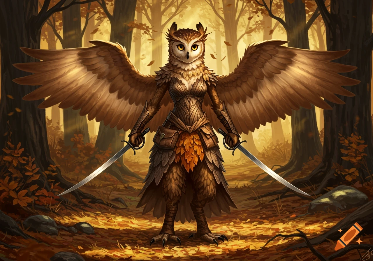 A formidable female owl humanoid in feathered armor wields two swords ...