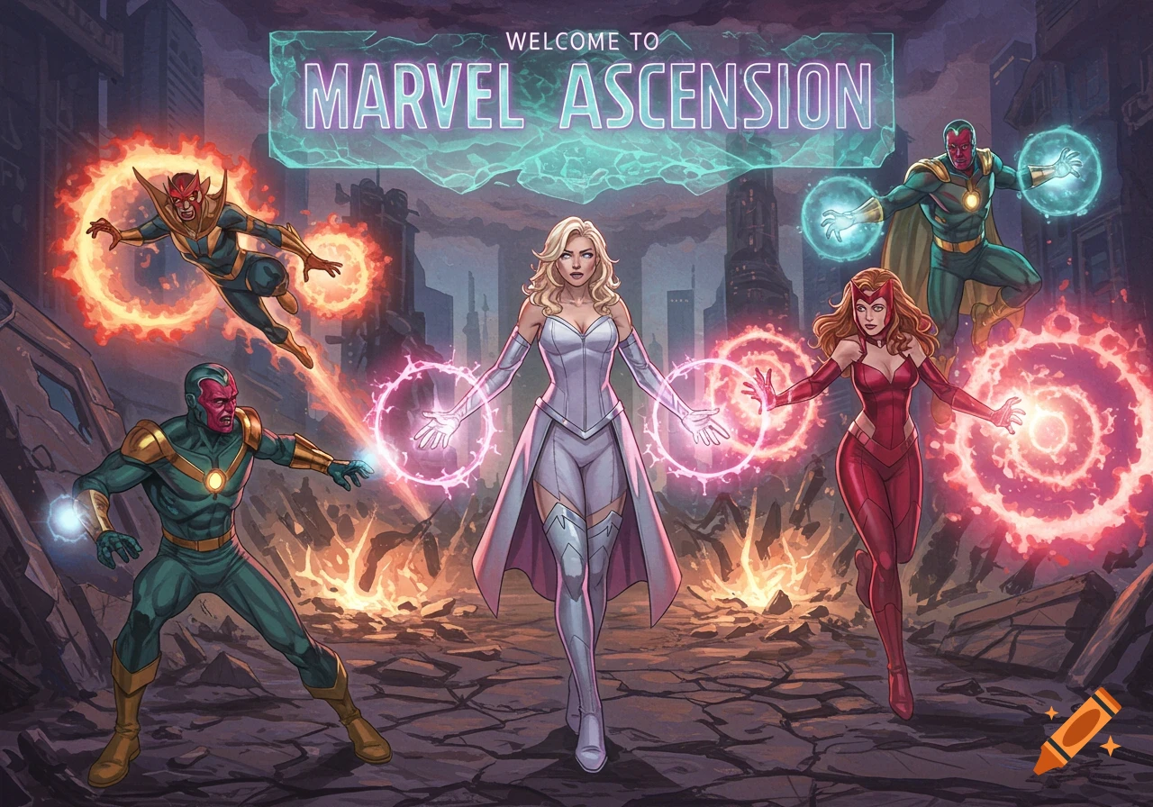 Marvel superheroes Emma Frost, Scarlet Witch, Vision, Nova, and Marvel Girl use powers in a ...