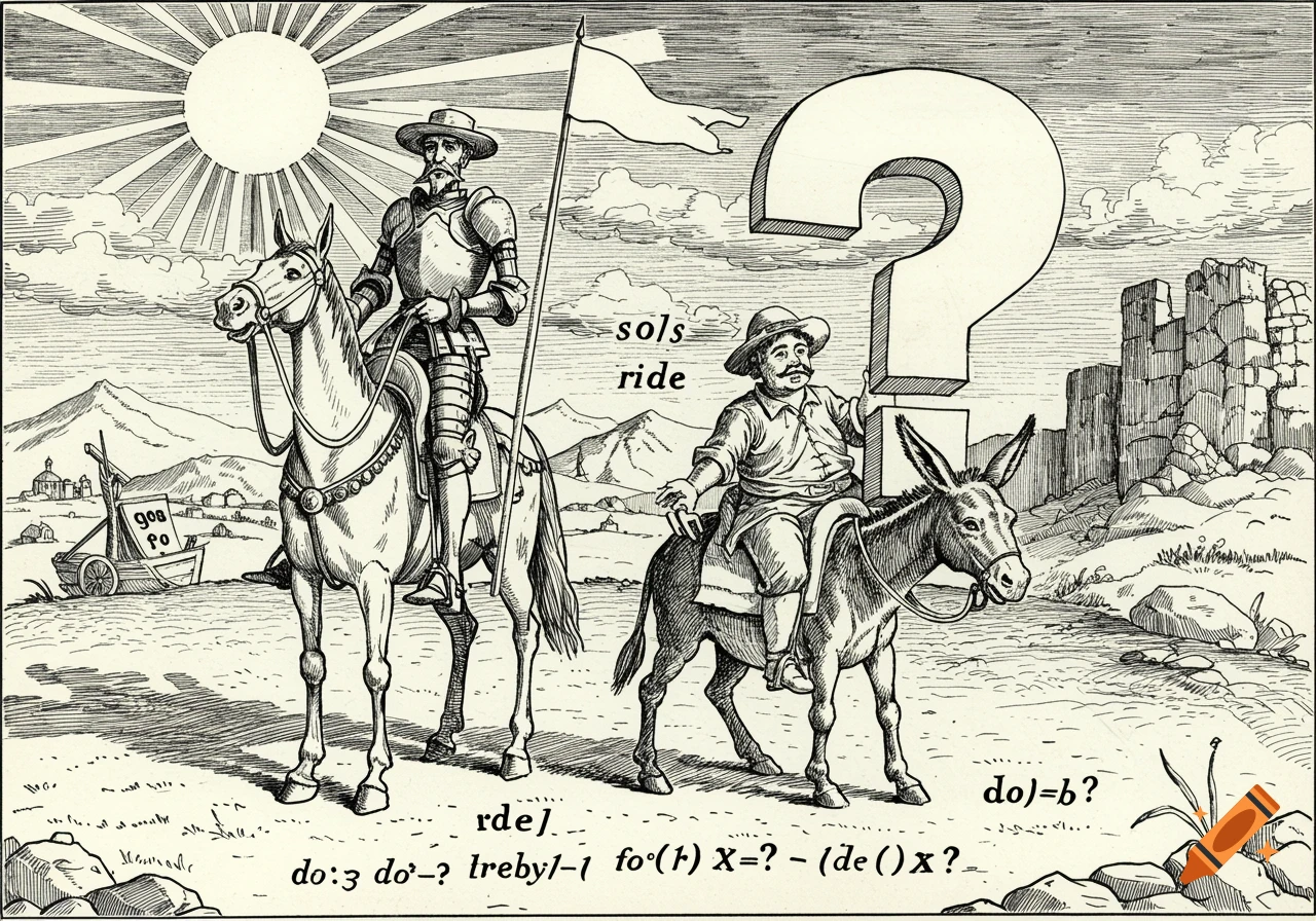 Black and white ink illustration of Don Quixote on a horse and Sancho ...