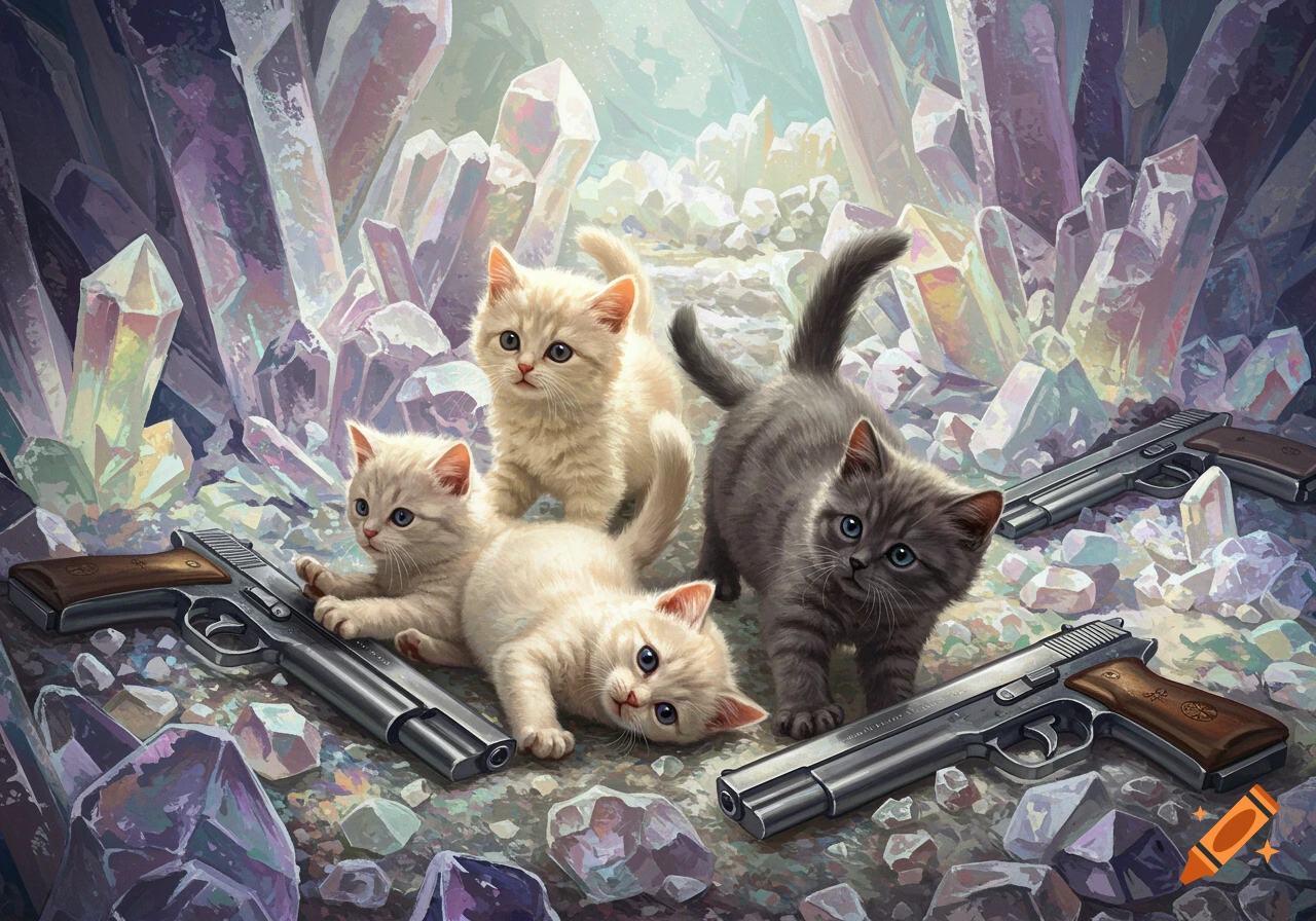 Four kittens sit and lie among large colorful crystals with pistols ...