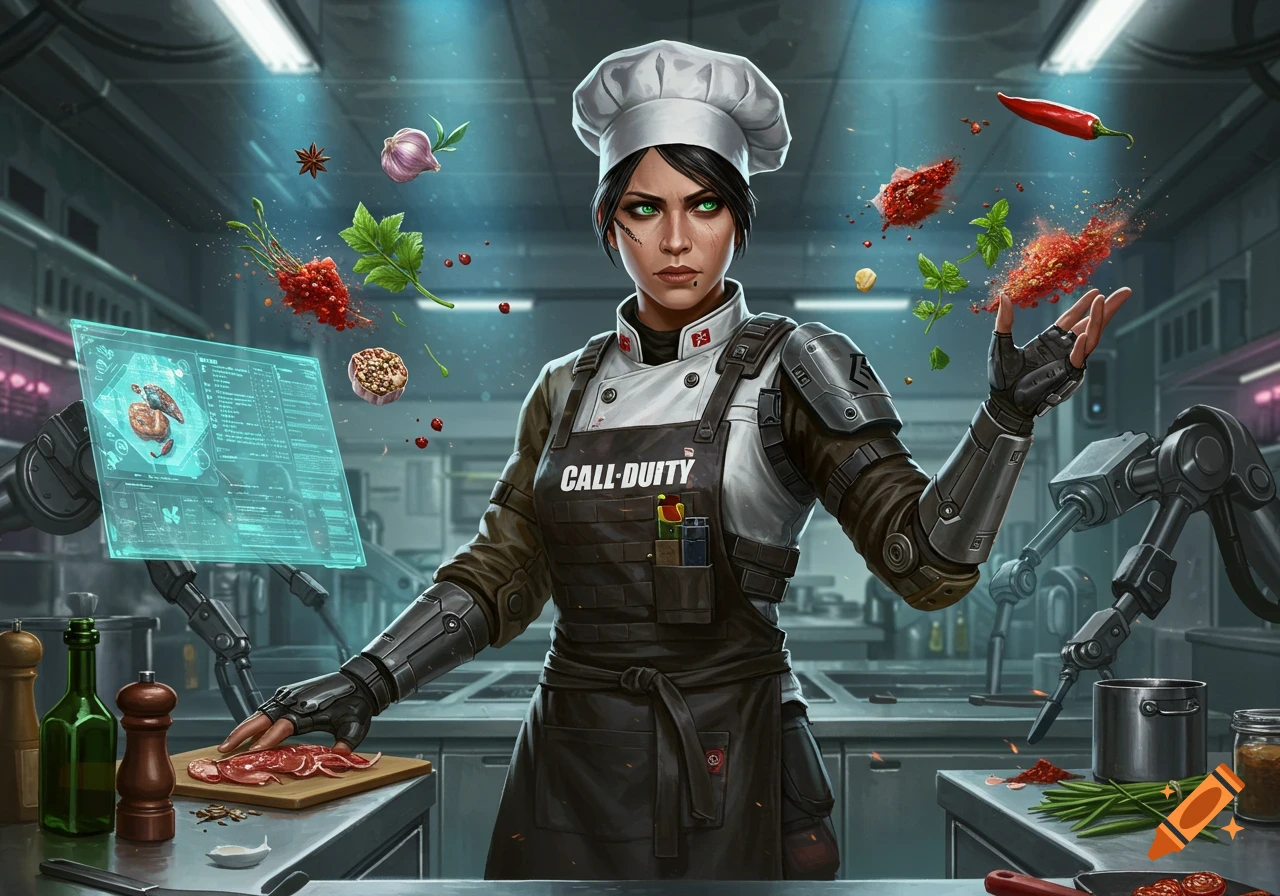 A futuristic female chef with green eyes and armor plating under her ...