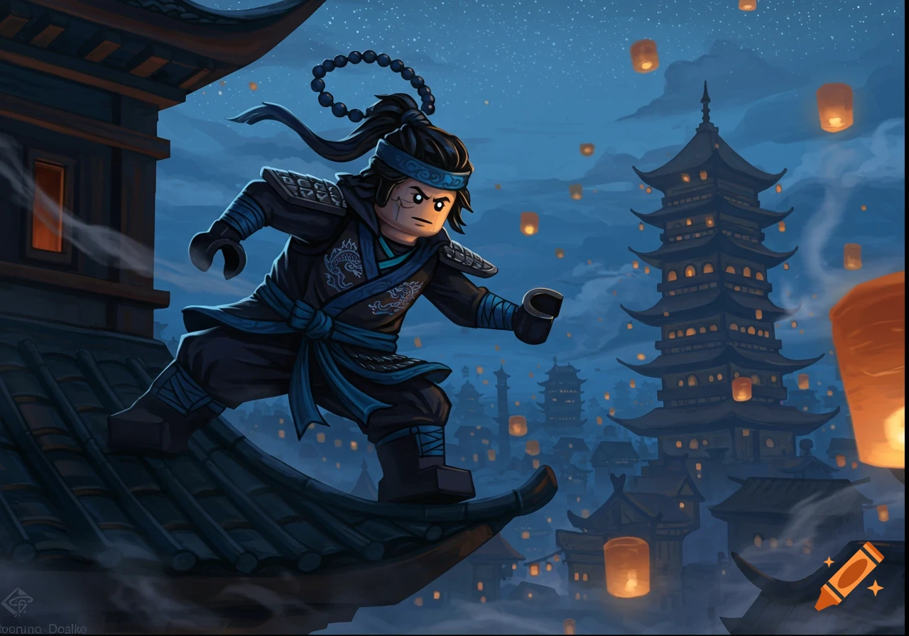 Lego-style ninja character in dark armor standing on a rooftop at night ...