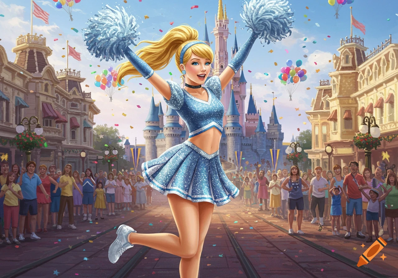 Disney's Snow White as a cheerleader holding pom-poms in a pink, ornate ...