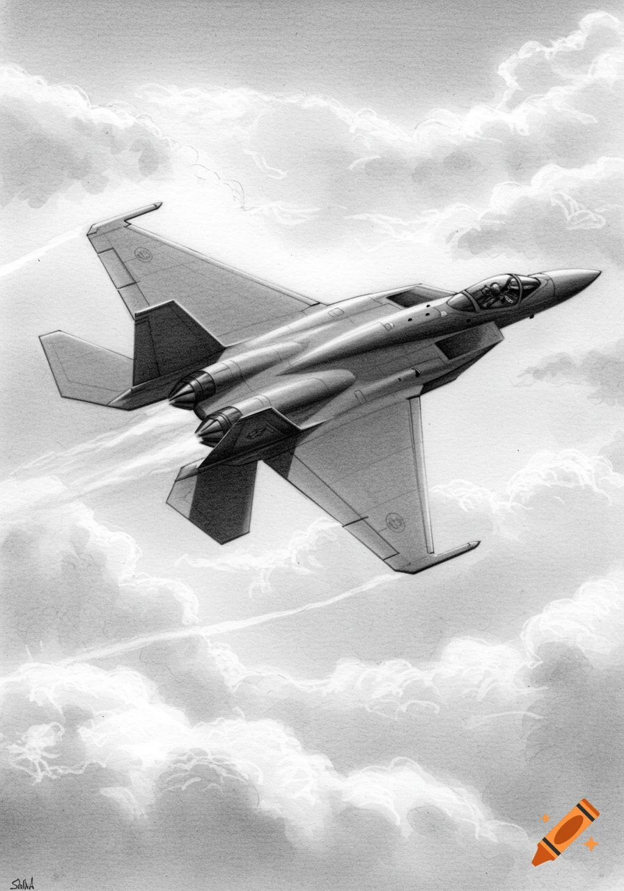 Pencil sketch of a military jet soaring through clouds above a detailed ...