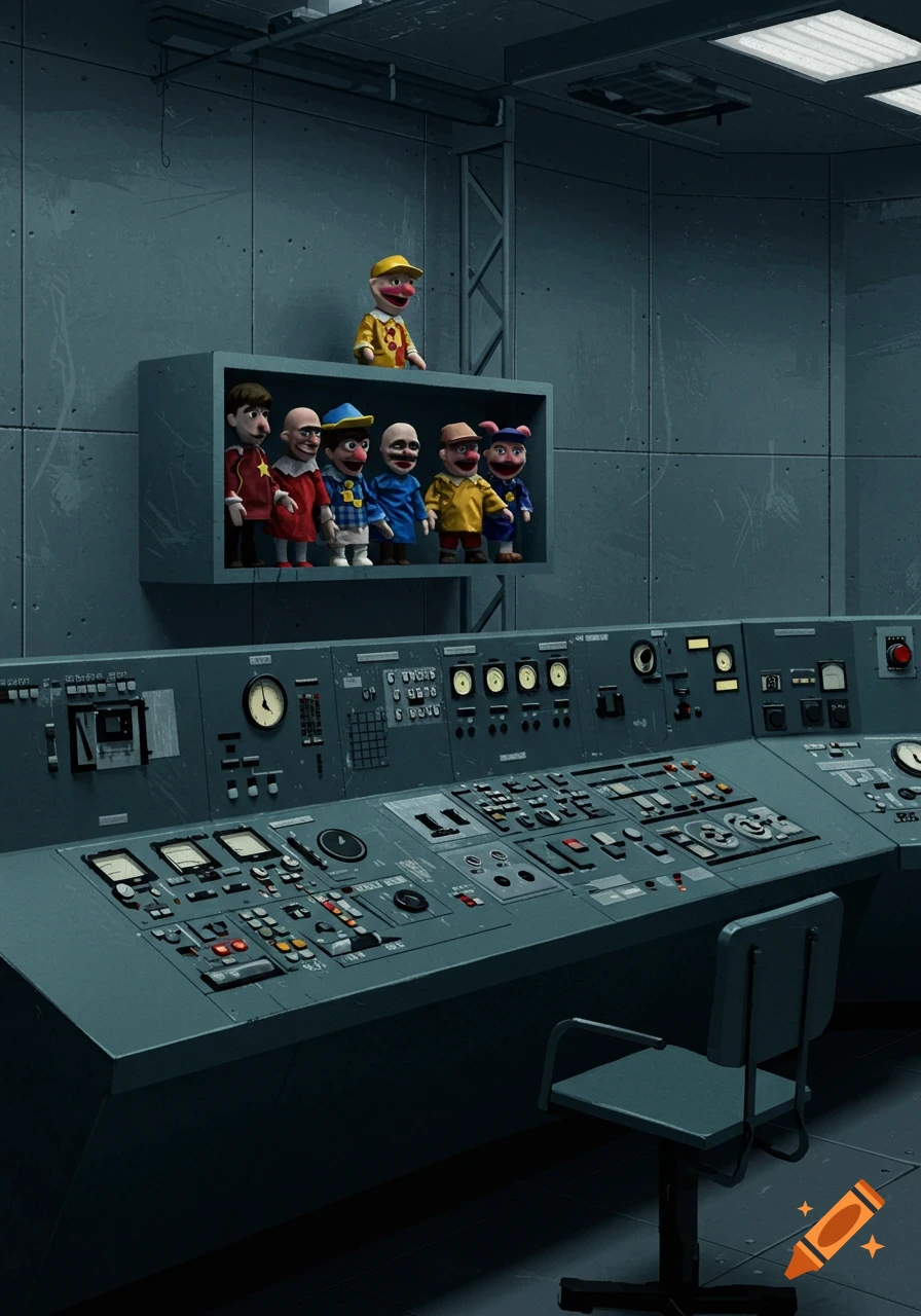A Cold War era nuclear control room with a shelf displaying various ...