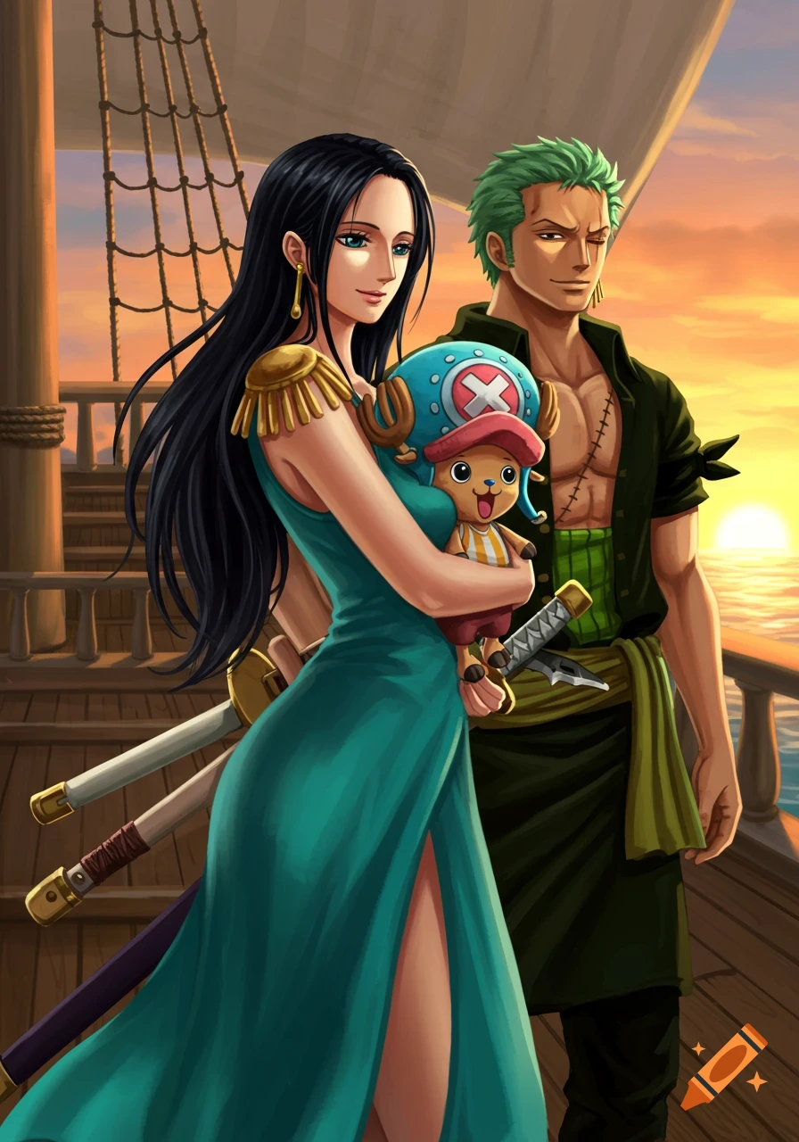 Luffy feeding Hancock at a beachside table during sunset in an anime ...