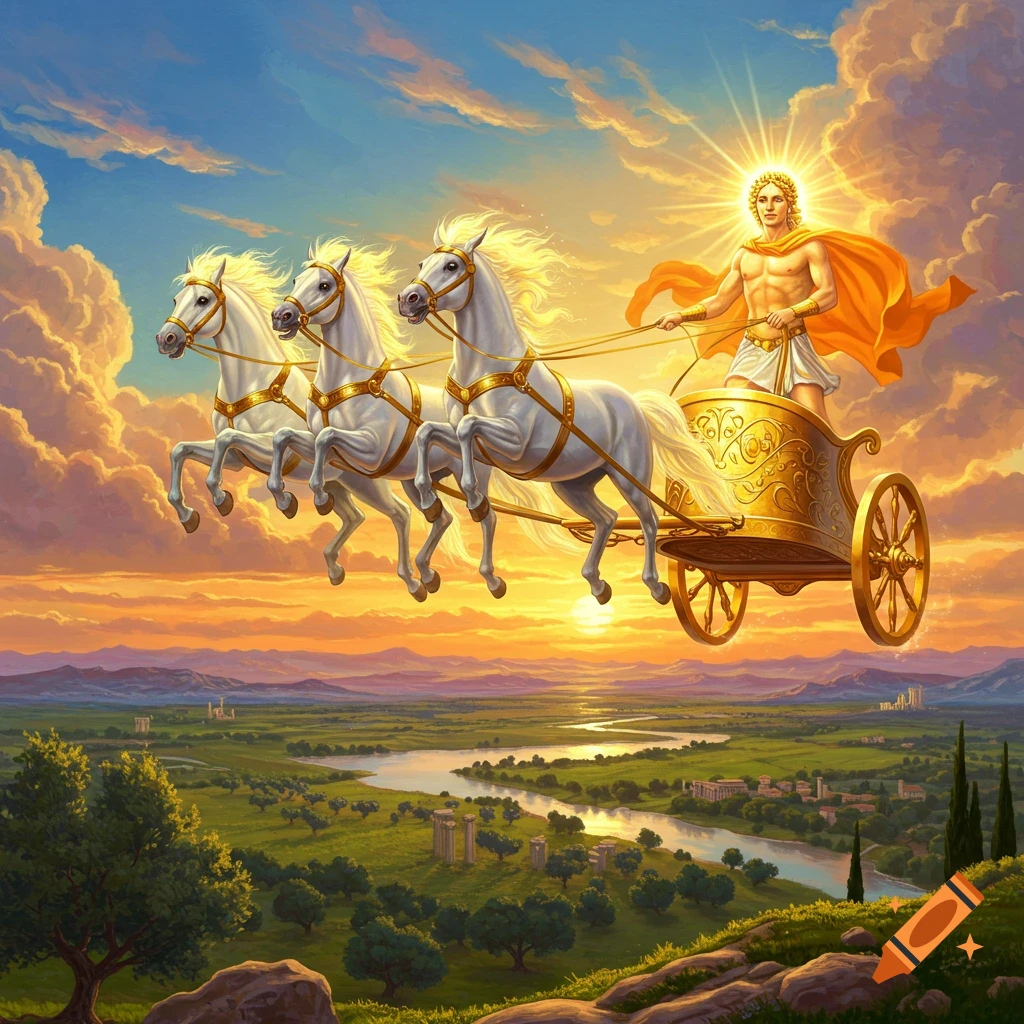 Apollo, the sun god, rides a golden chariot pulled by three white ...