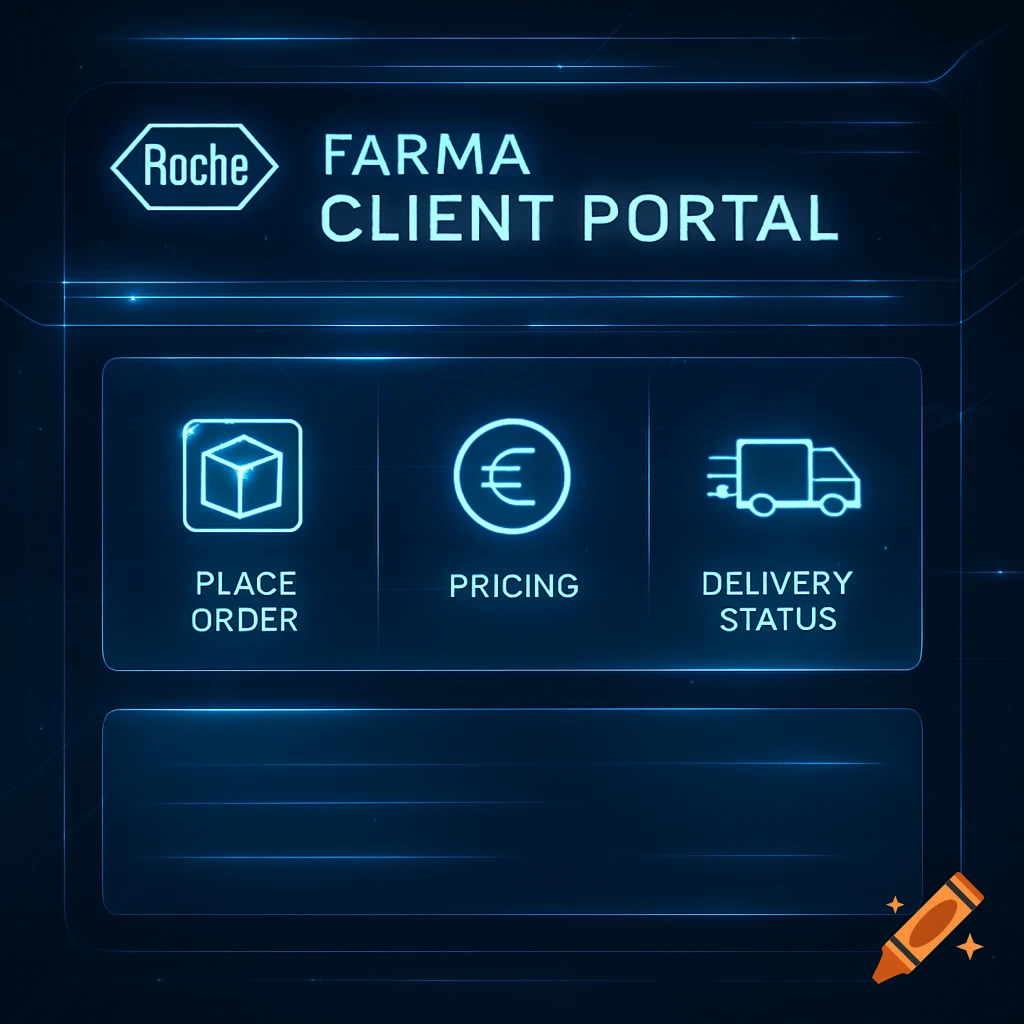 A glowing blue digital interface screen for Roche FARMA CLIENT PORTAL, showing options for Place ...