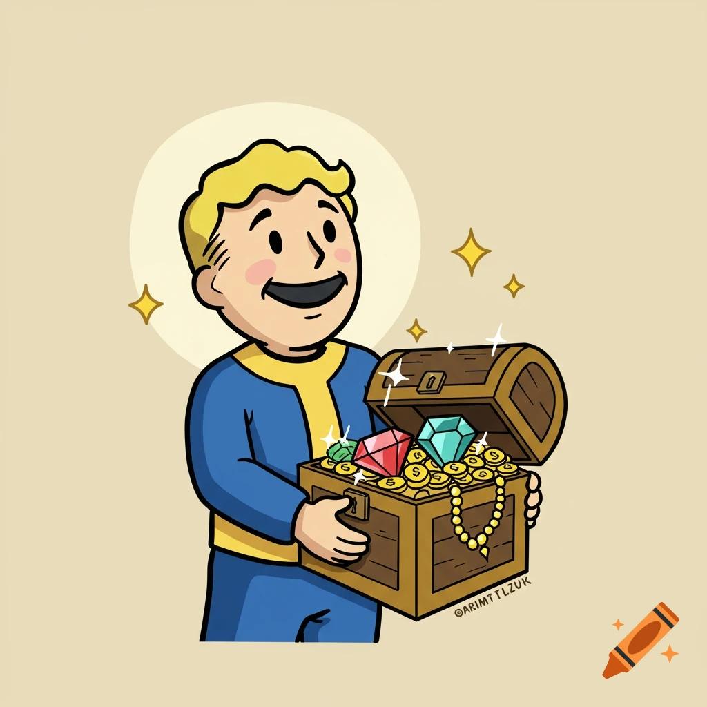Cartoon Vault Boy from Fallout dressed as a raider, smiling and holding ...