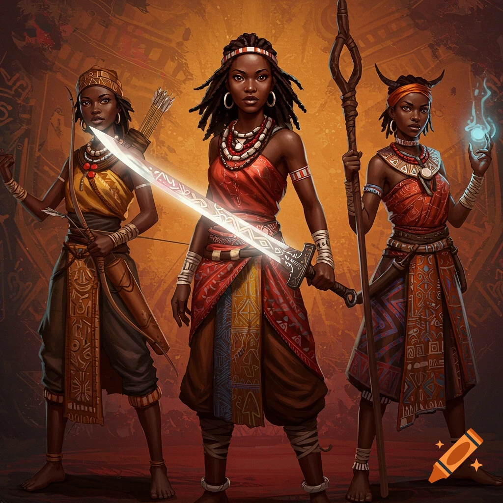Three dark-skinned warrior women in vibrant traditional African attire ...