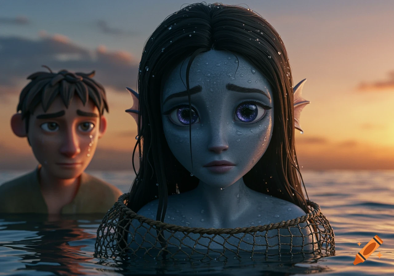 A sad blue-skinned mermaid in a net and a man in the water at sunset ...