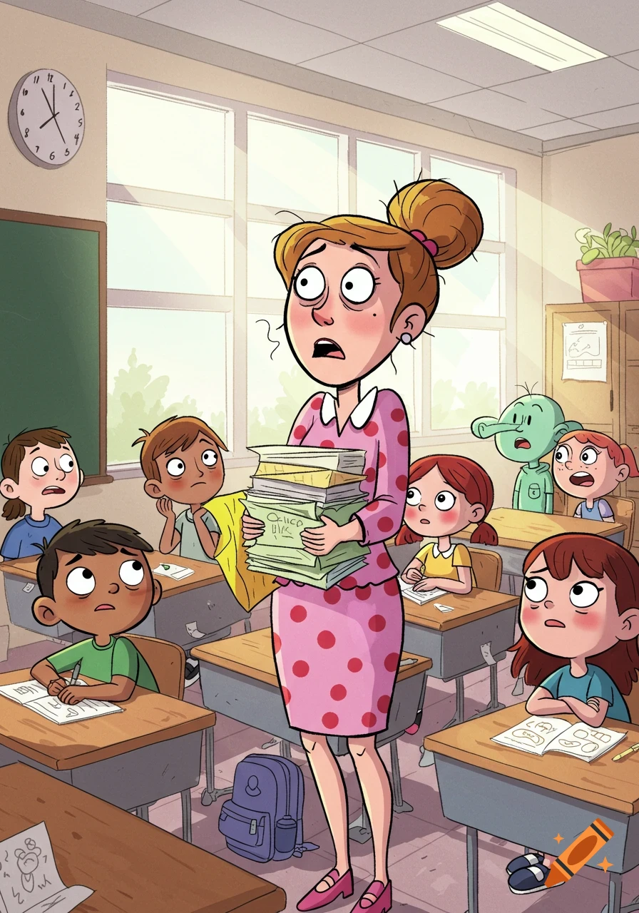 An illustration of a smiling female teacher in a classroom with text ...