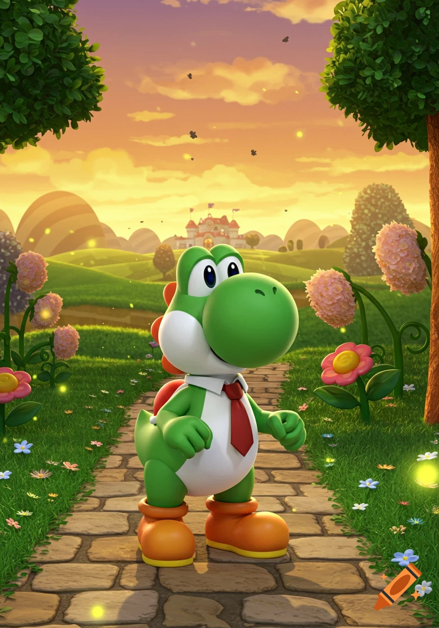 A 3D animated Yoshi with a large, distended belly stands in a vibrant ...