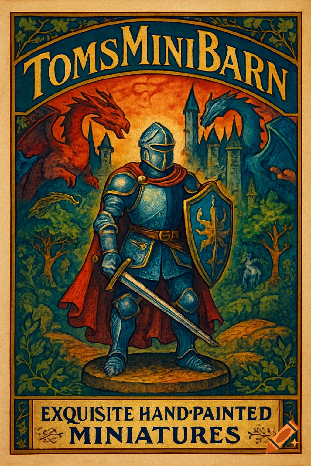 A hand-painted fantasy poster with a knight, two dragons, and a castle ...