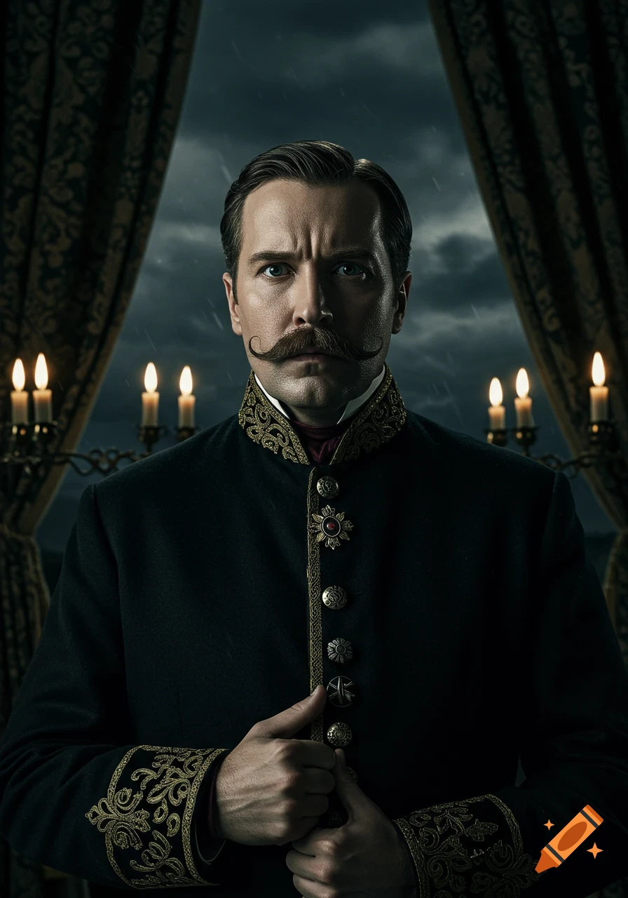 A photorealistic portrait of a stern-looking man with a large moustache ...