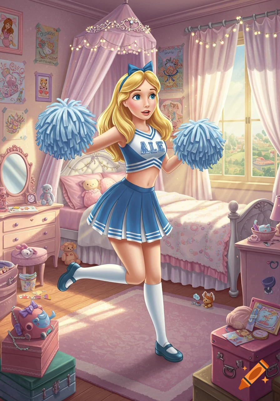 Cartoon illustration of Disney's Alice, dressed as a cheerleader ...