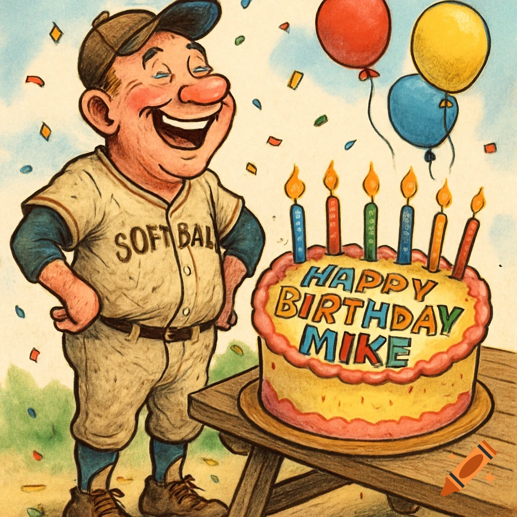 Humorous cartoon of a man in a softball uniform standing next to a ...