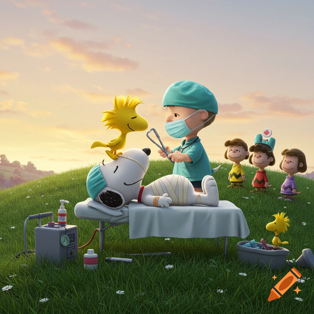 A happy Snoopy, rendered in 3D cartoon style, stands in a green field ...