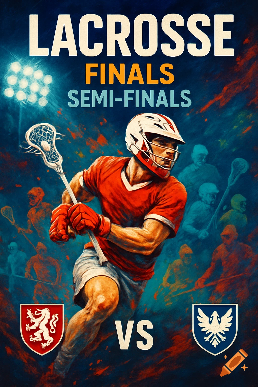 A stylized poster for a lacrosse match, featuring a player in action ...