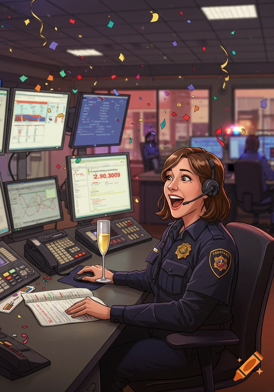 A female 911 dispatcher with a headset, wearing a uniform, smiles ...